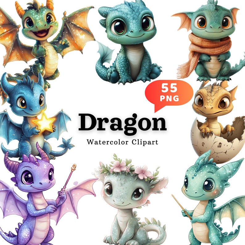 Watercolor Dragon Clipart Cute Dragon PNG Animal PNG Baby Dragon ...