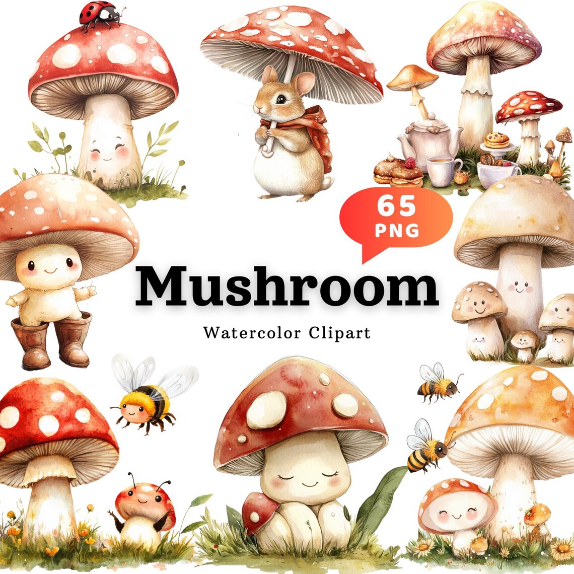 Watercolor Mushroom Clipart Cute Mushroom PNG Forest PNG Nature Clipart ...