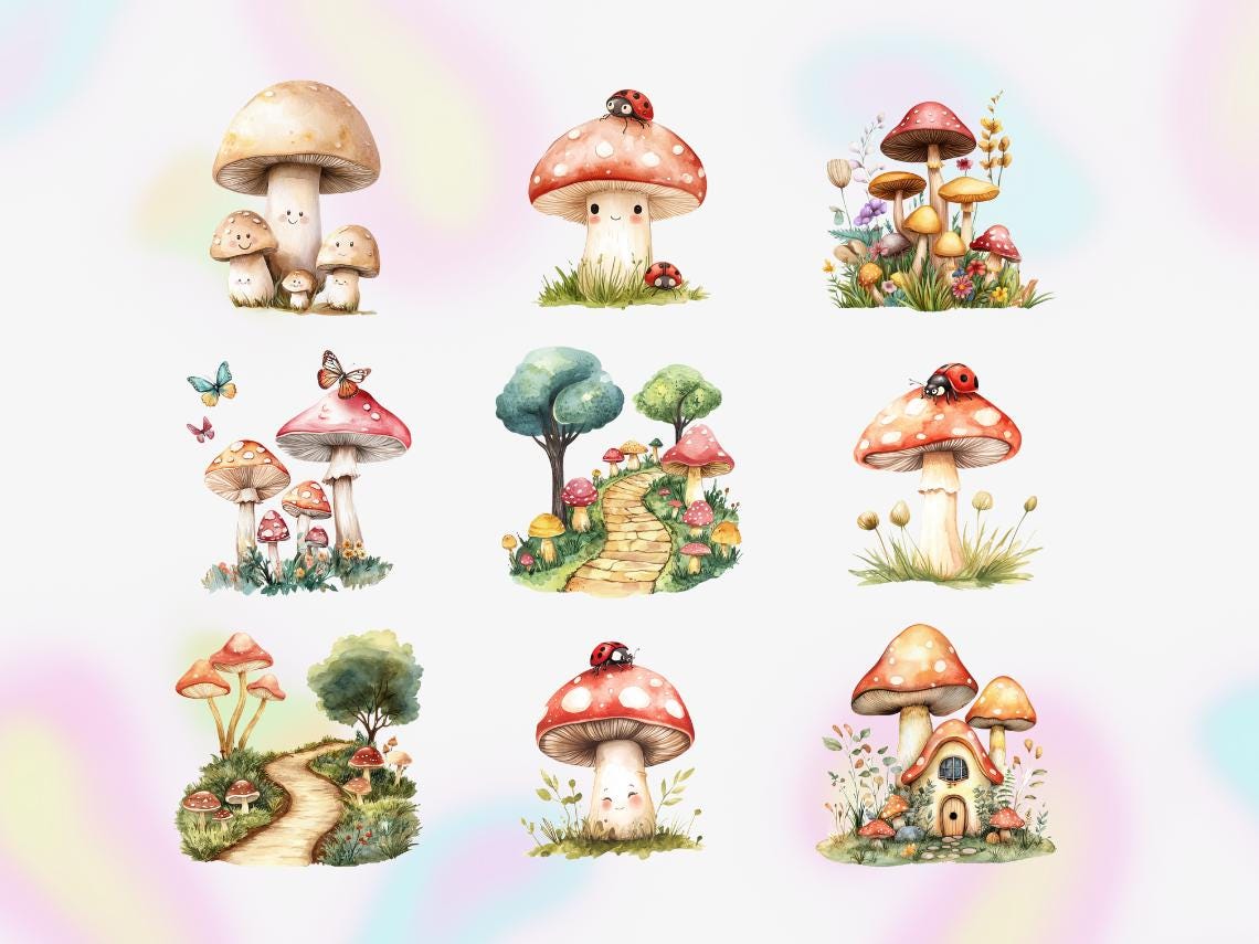 Watercolor Mushroom Clipart Cute Mushroom PNG Forest PNG Nature Clipart ...