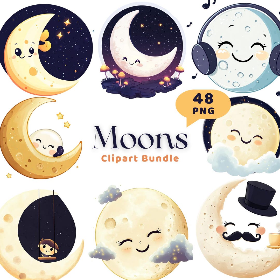 Moon Clipart Cute Moons PNG Full & Half Moon PNG Celestial Clipart ...