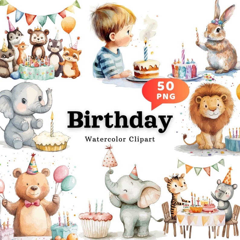 Watercolor Birthday Animals Clipart Cute Animals PNG Animal PNG ...
