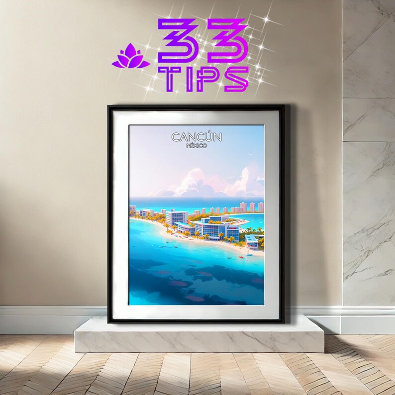 Cancún Mexico Minimalist Poster Tropical Beach Cartoon Art Print Rolled ...