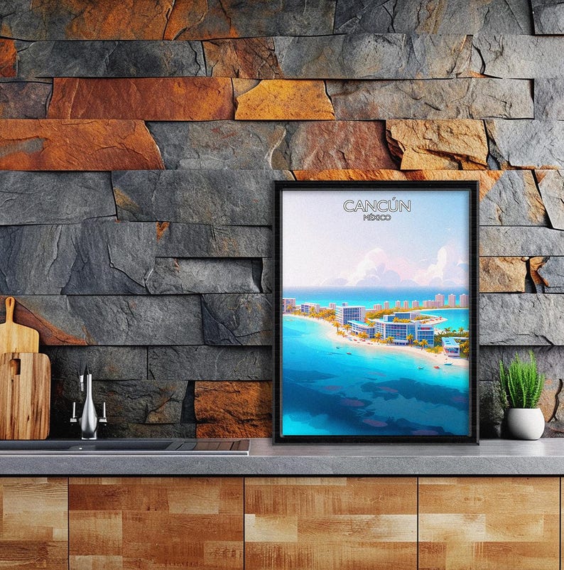 Cancún Mexico Minimalist Poster Tropical Beach Cartoon Art Print Rolled ...