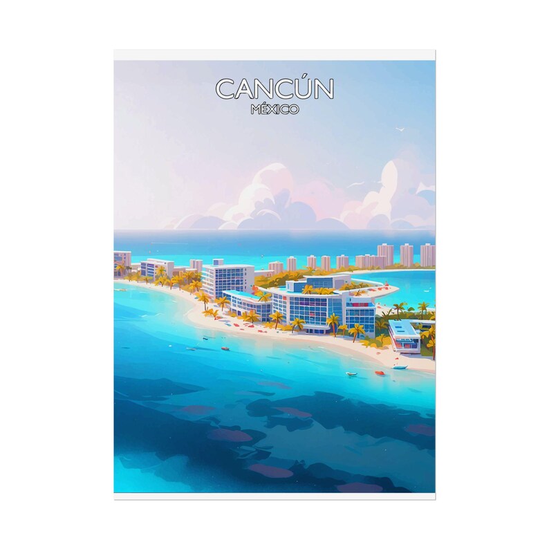 Cancún Mexico Minimalist Poster Tropical Beach Cartoon Art Print Rolled ...