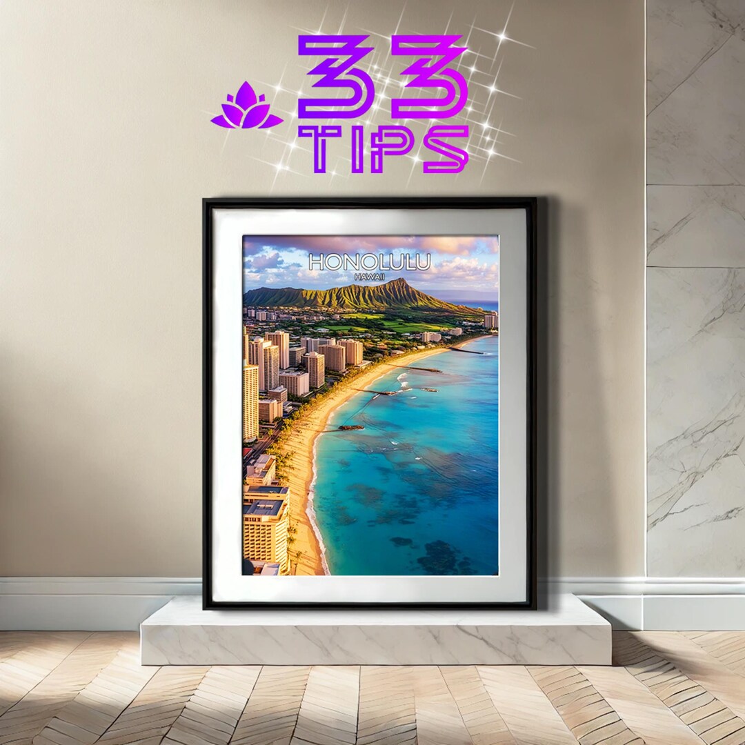 Honolulu Hawaii Poster Aerial View of Diamond Head and Waikiki Beach ...