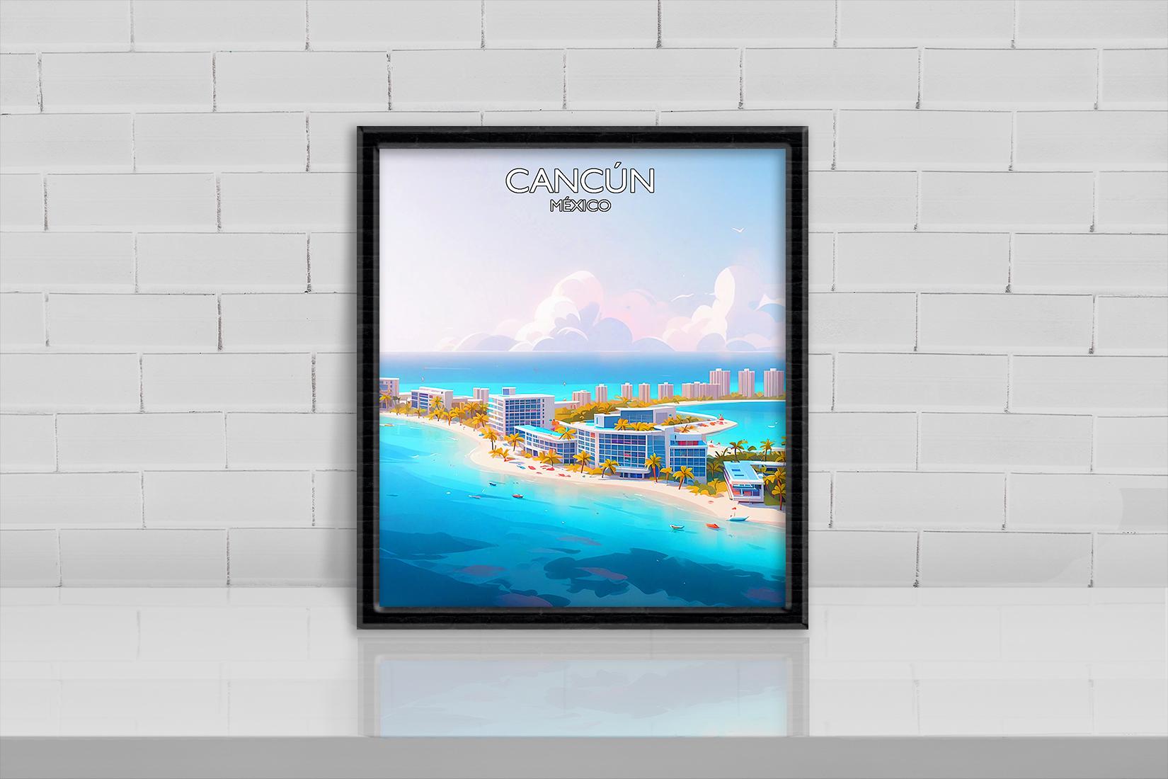 Cancún Mexico Minimalist Poster Tropical Beach Cartoon Art Print Rolled ...
