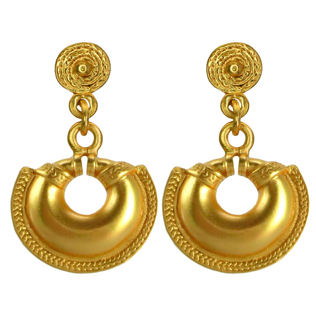 AcrossThePuddle Crescent Earrings Precolumbian Jewelry 24K Gold Plated Museum Historical Reproduction Handcrafted Quimbaya Drop Earrings Gift for Her