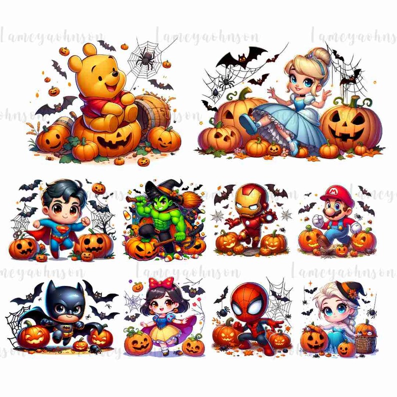 20 Cartoon Character Halloween Bundle Png, Watercolor Cartoon Halloween ...