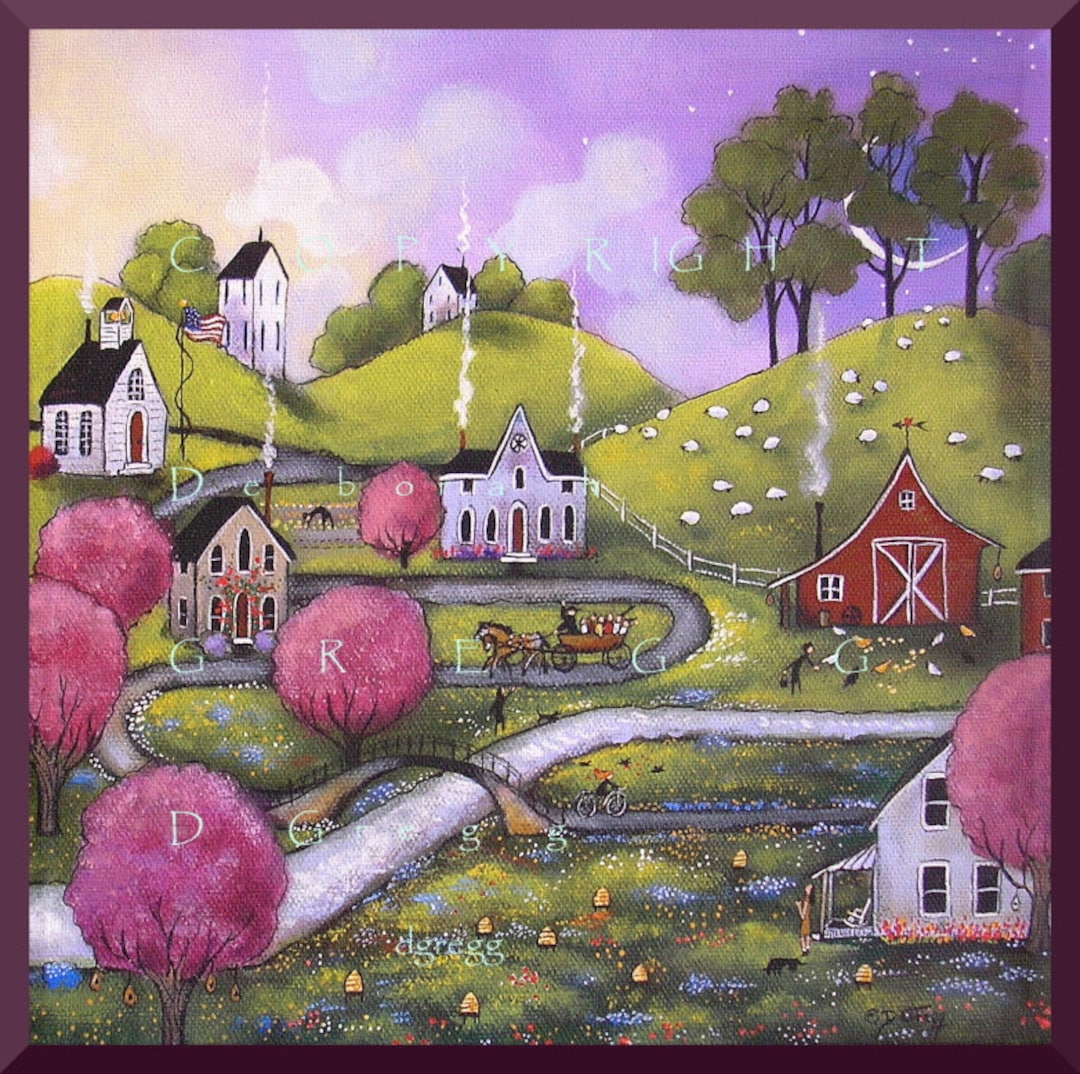 Village Scene Spring Artwork, Farmhouse PRINT, Springtime Blossoms ...