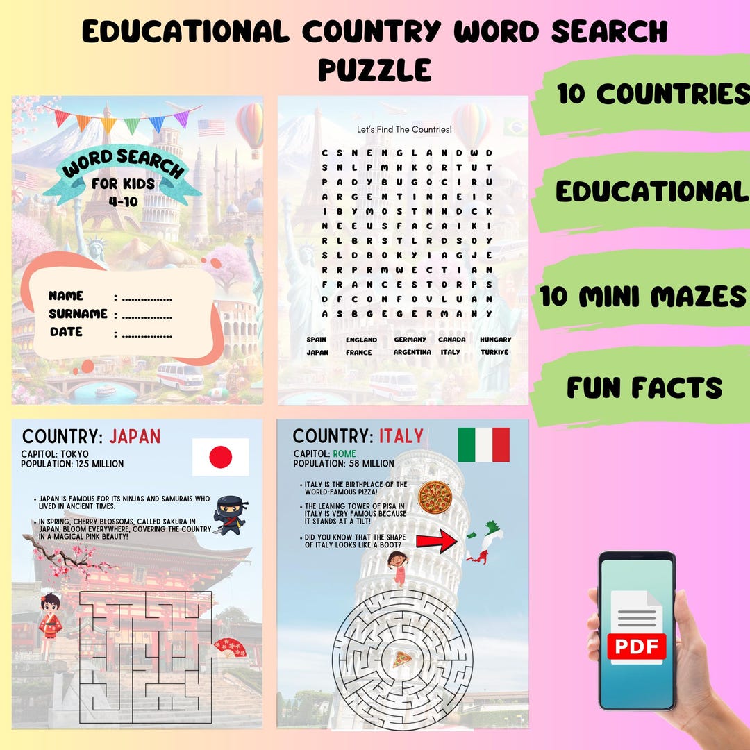 Educational Country Word Search Puzzle for Kids - Etsy