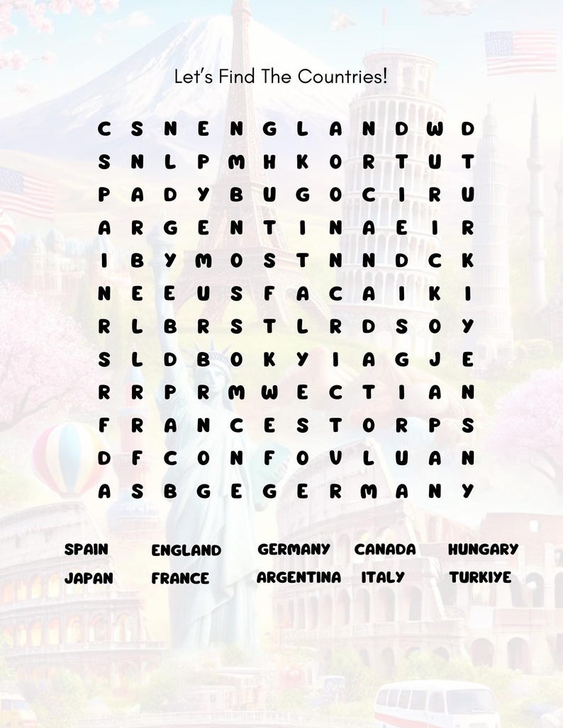 Educational Country Word Search Puzzle for Kids - Etsy