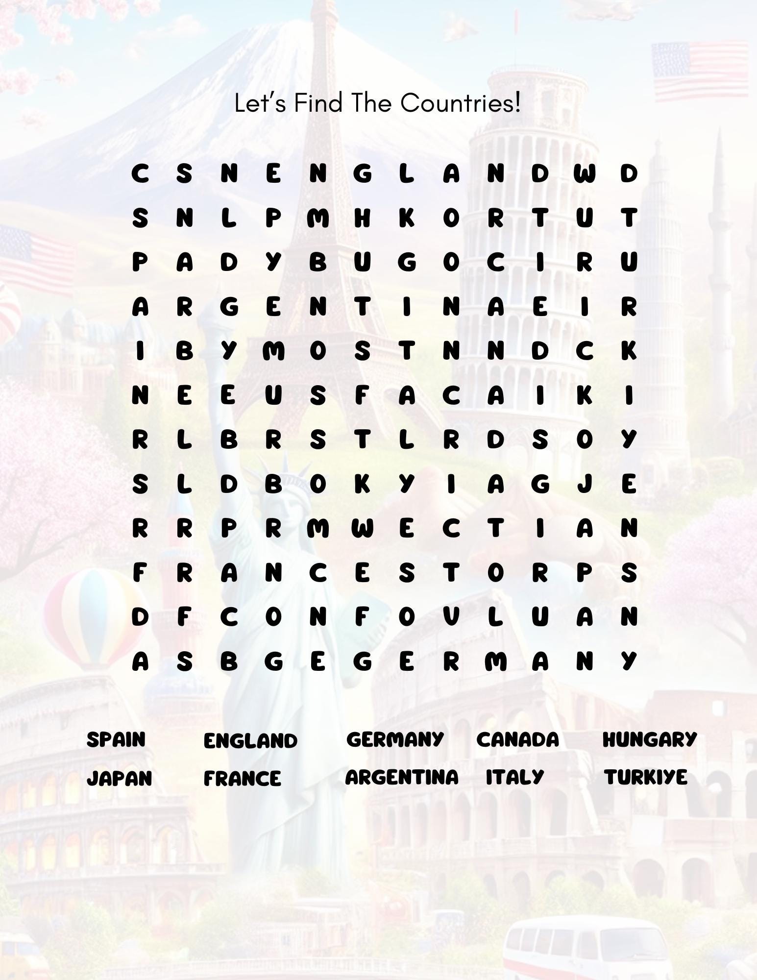 Educational Country Word Search Puzzle for Kids - Etsy