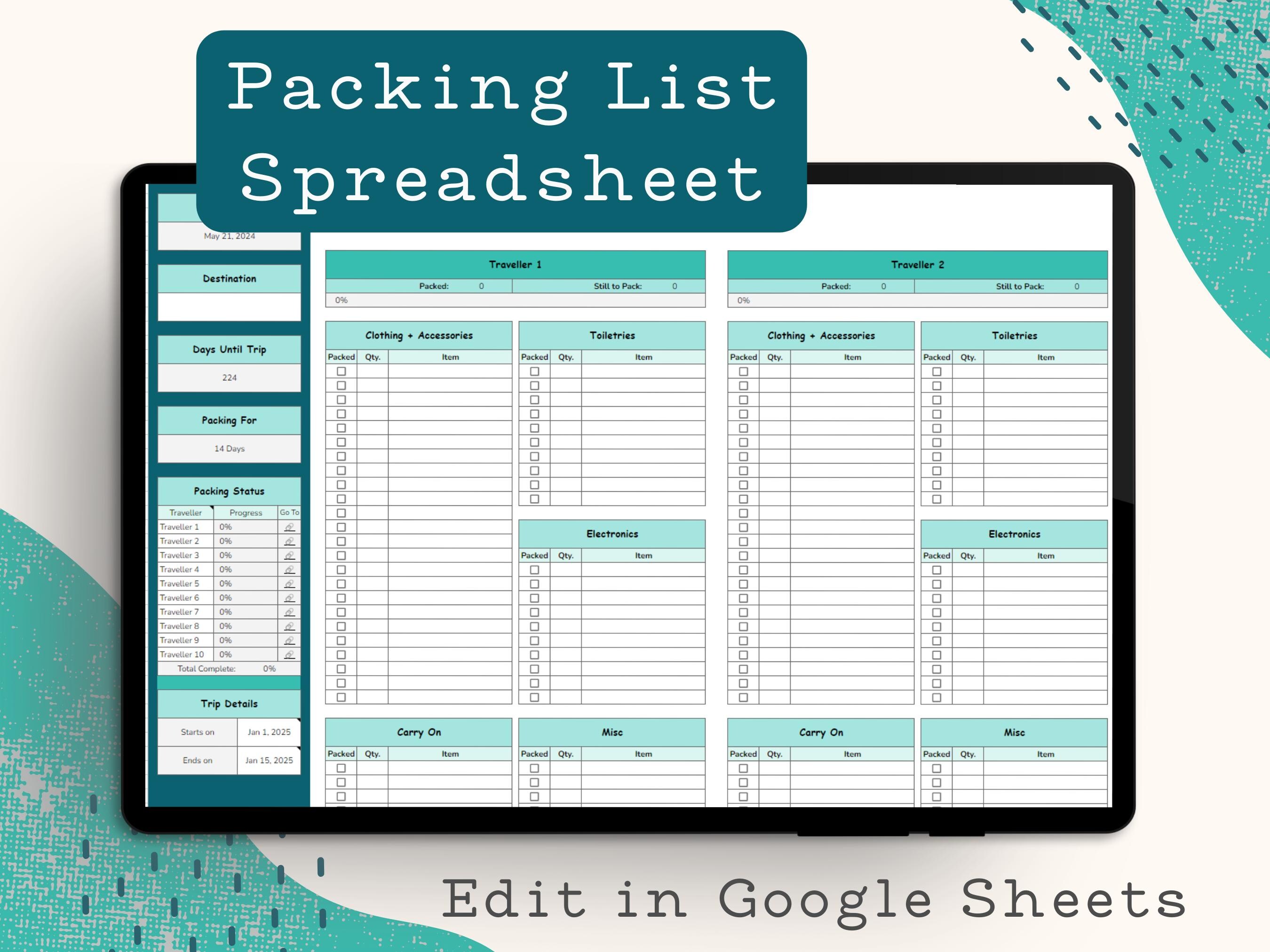 Editable Packing List Spreadsheet | Trip Planner Template | Google ...
