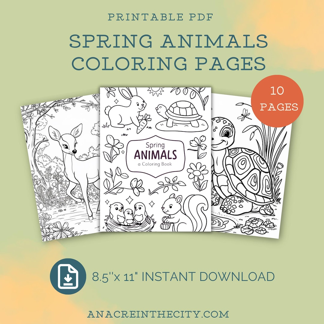 Spring Animal Coloring Book – 10 Cute Animal Pages for Kids and Adults ...