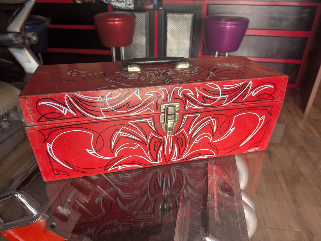 Pinstriped Vintage Tool Box. Red With Blue and Black Striping - Etsy