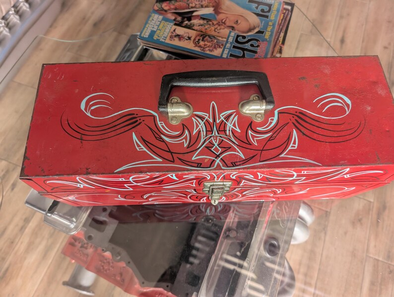 Pinstriped Vintage Tool Box. Red With Blue and Black Striping - Etsy