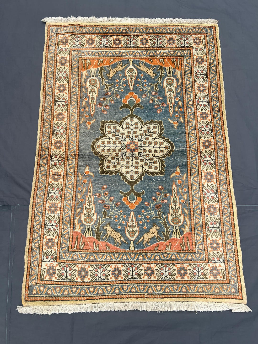 Vintage 2.10x4.4ft Turkish Qaisari Rug — Muted Blue-gray Field With ...