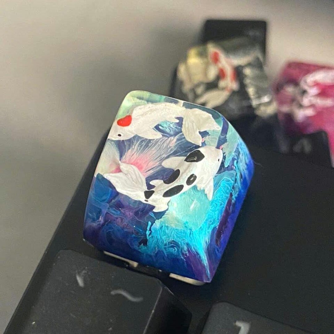 Double Koi Fish Keycap, Blue Ocean Resin Keycap, Handmade Cherry MX ...