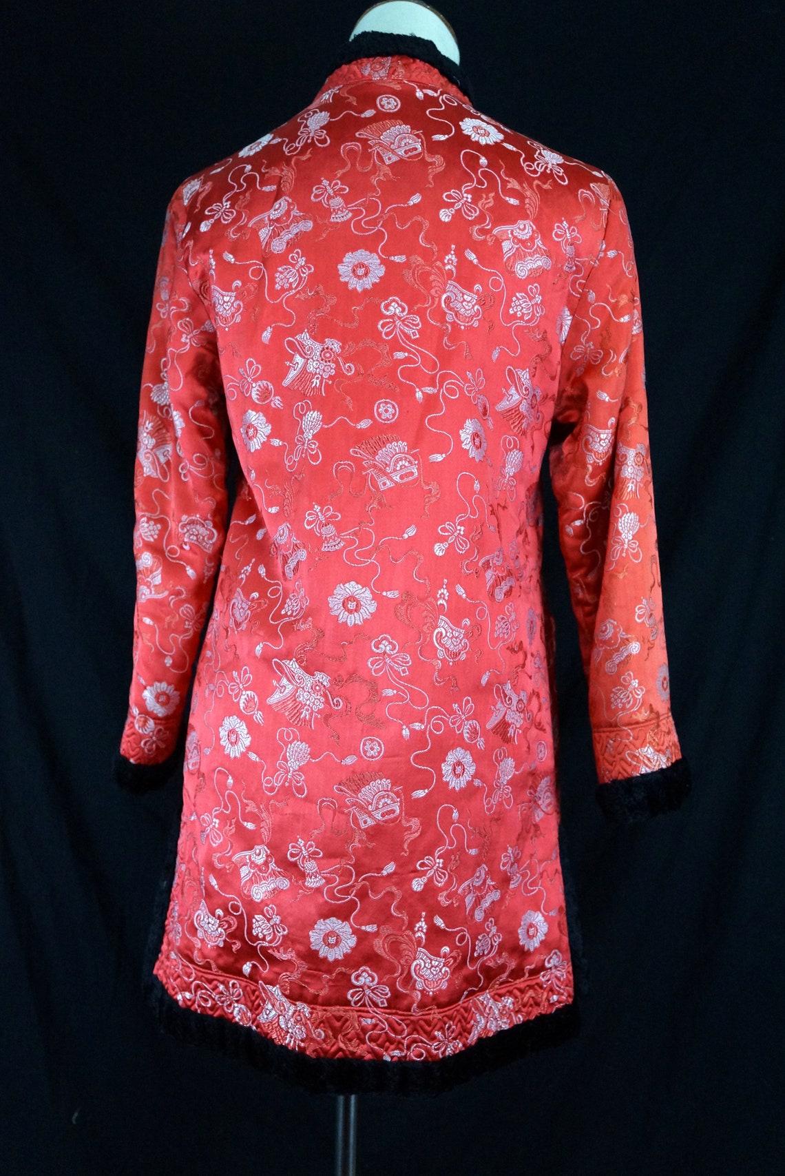 Red Damask Jacket Faux Lambswool Satin Asian Coat Flower - Etsy
