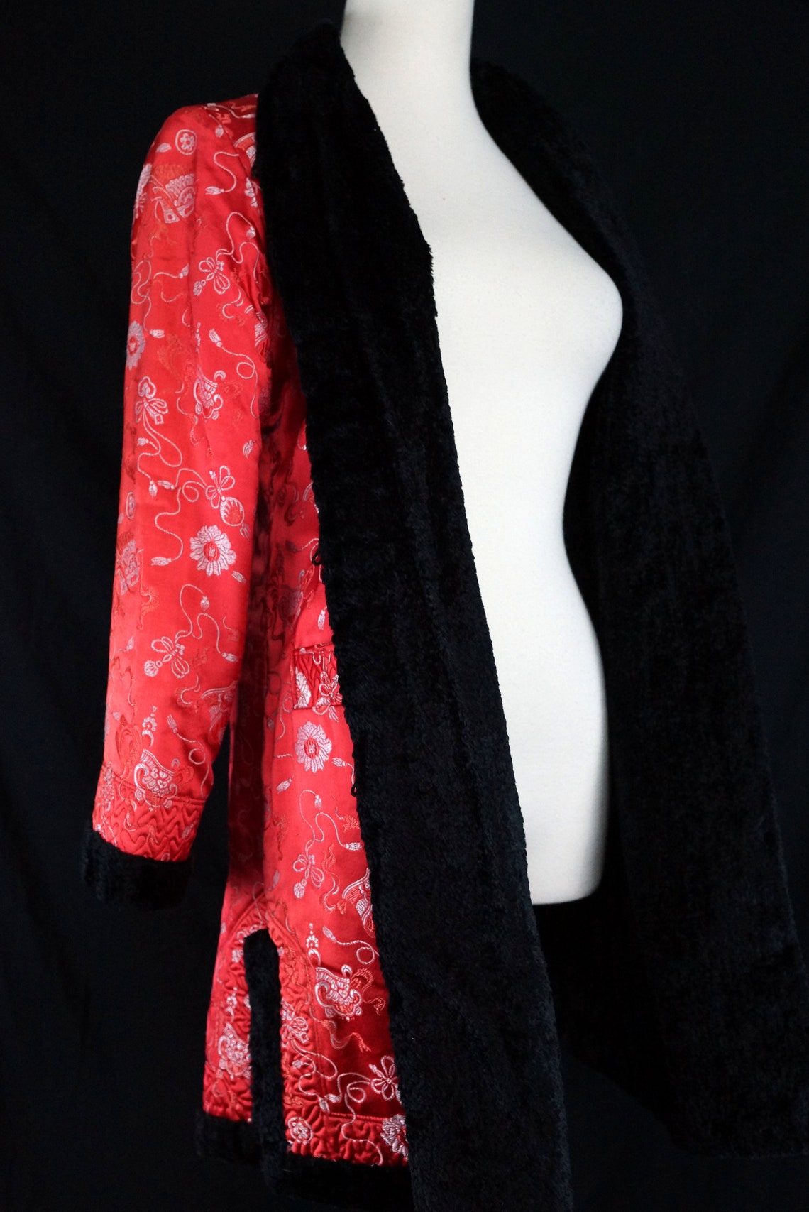 Red Damask Jacket Faux Lambswool Satin Asian Coat Flower - Etsy