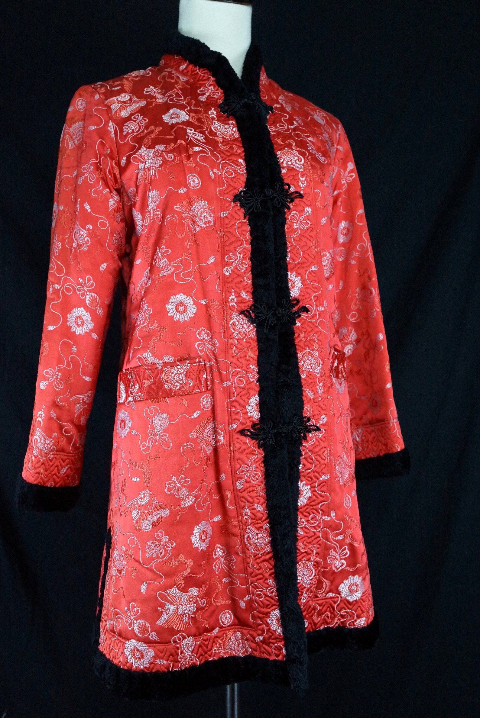 Red Damask Jacket Faux Lambswool Satin Asian Coat Flower - Etsy
