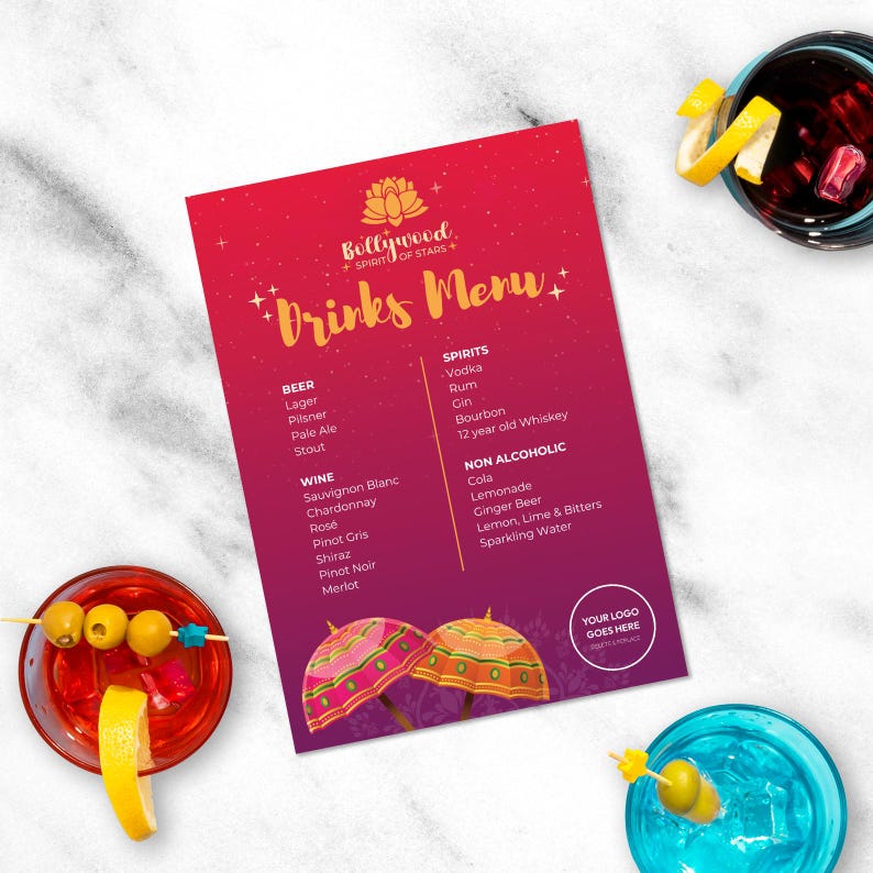 Bollywood Gala Drinks Menu A5 | Editable Menu | Digital Download for ...