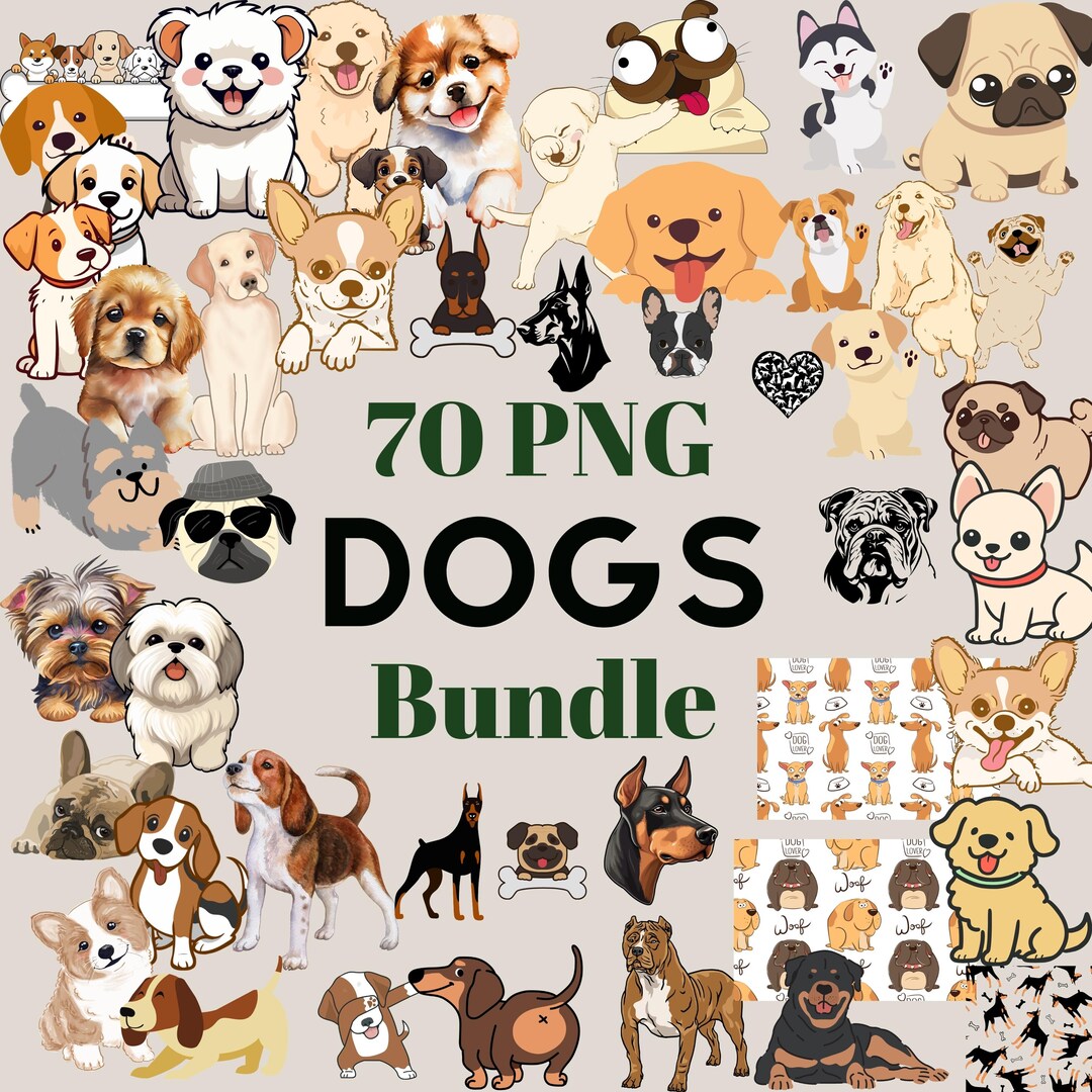 70 PNG Dog Clipart Bundle - Cute & Cartoon Dog Designs for Stickers, T ...