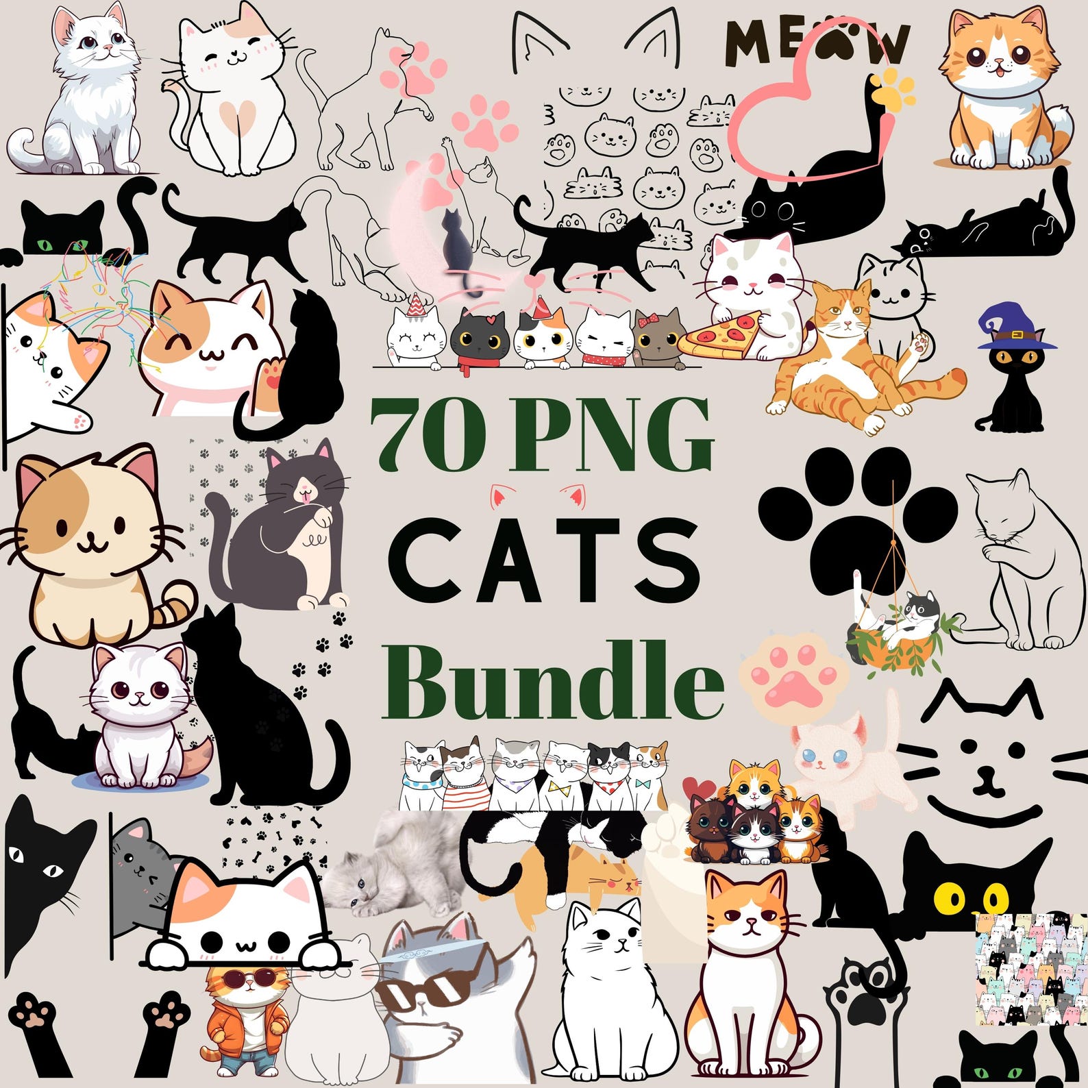 70 PNG Cat Clipart Bundle – High-quality Digital Cat Illustrations for ...