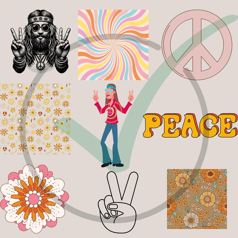 70 PNG Hippie Bundle | Retro Flower Power Clipart, Peace Signs Good ...