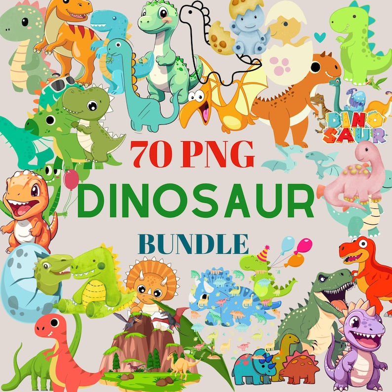 70 PNG Dinosaur Bundle Cute Dino Clipart for Kids T-shirts, Party Decor ...