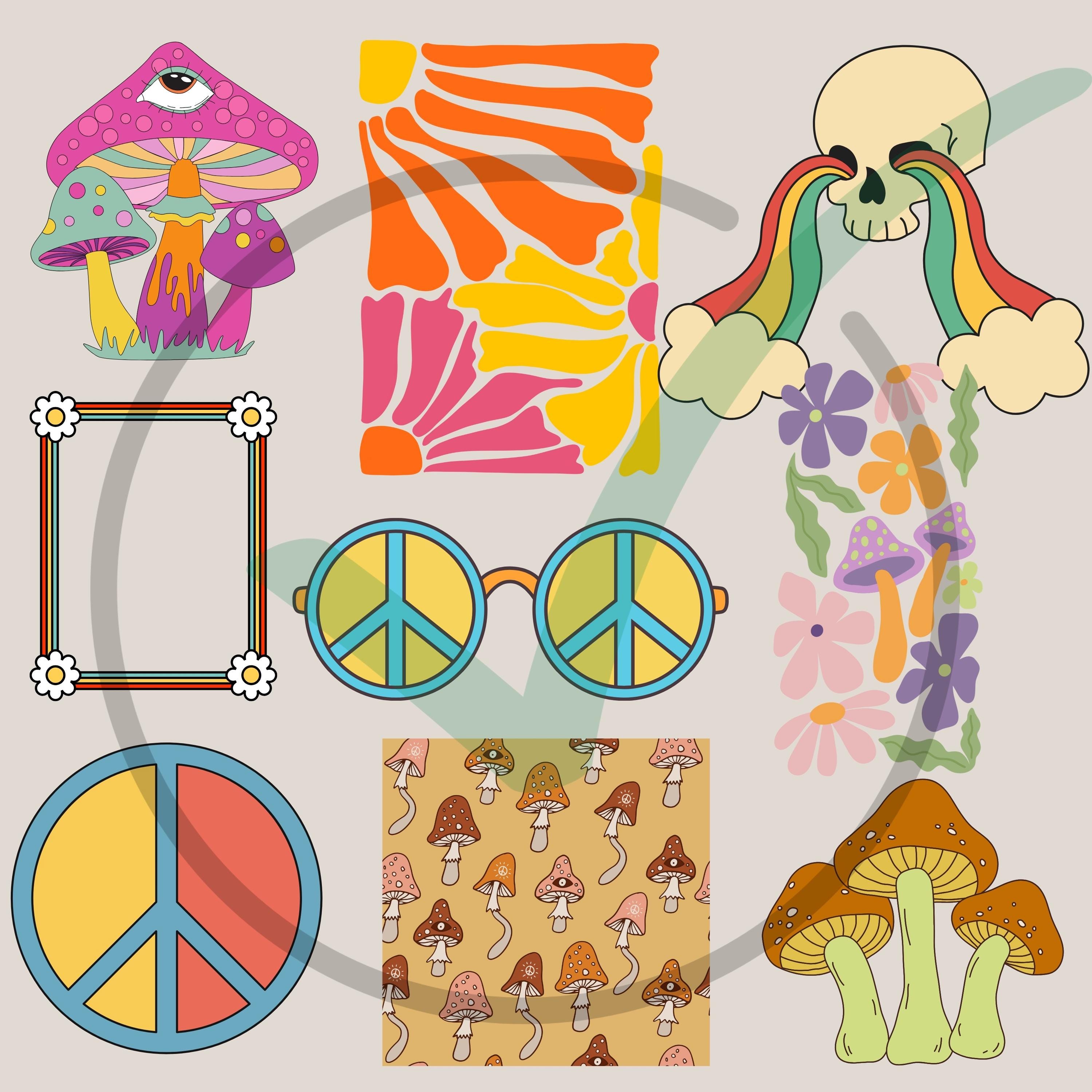 70 PNG Hippie Bundle | Retro Flower Power Clipart, Peace Signs Good ...