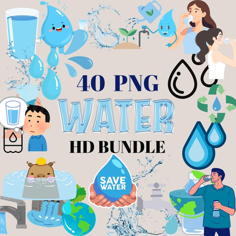 40 PNG Water Conservation Bundle HD Quality Water-themed Clipart for Eco Projects, Save Water ...