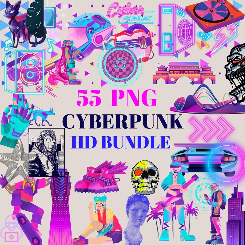 55 Cyberpunk PNG Bundle | HD Clipart for Retro-futuristic Design, Neon ...