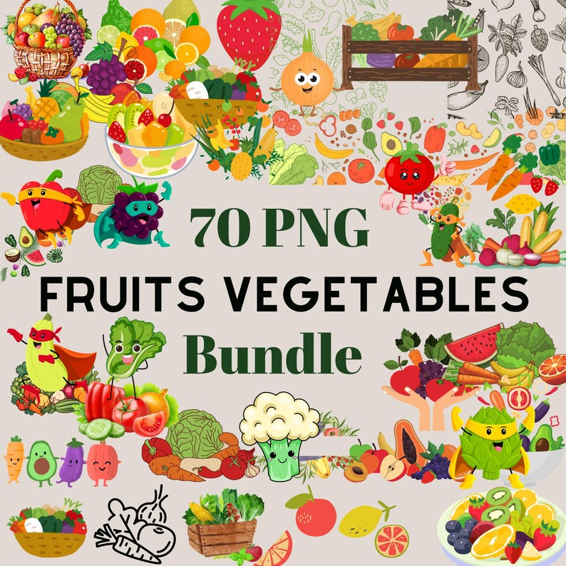 Fresh Fruit Veggie PNG Bundle - 50 High-quality Transparent Clipart Digital Illustrations for T ...
