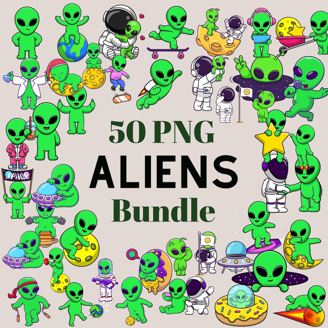 50 PNG Aliens Bundle - High-quality Transparent Digital Art for T-shirts, Mugs, Tattoos, and ...