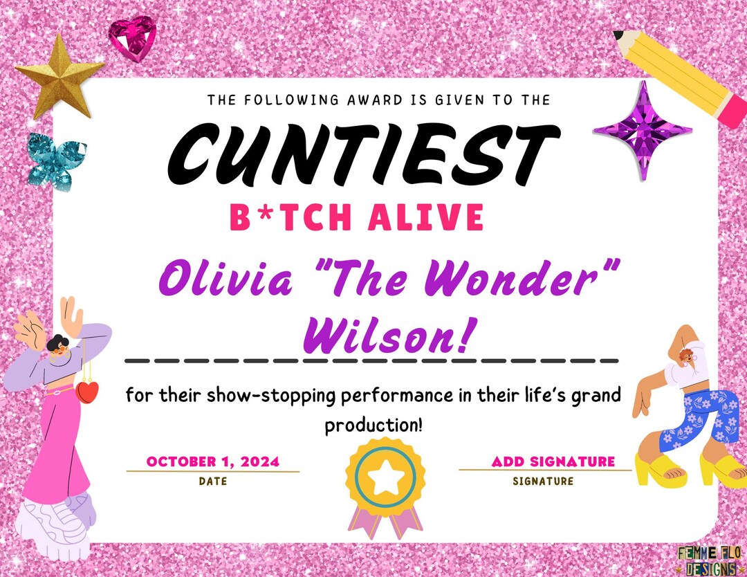 Cuntiest B*tch Alive Certificate | Funny Printable Award | Humorous ...