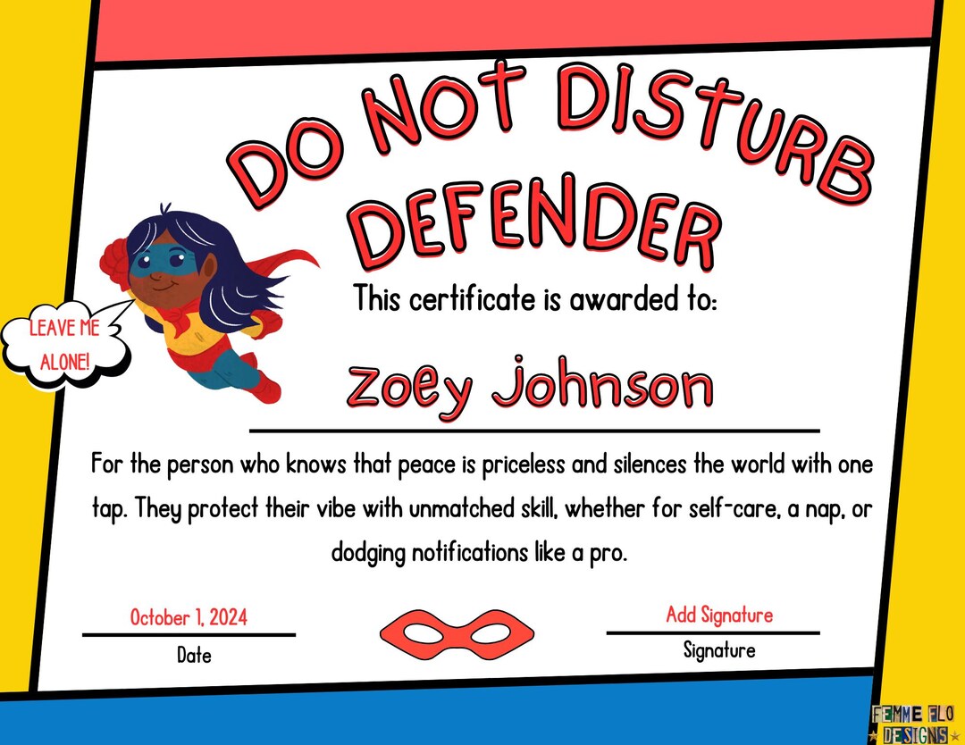 Do Not Disturb Defender Certificate | Funny Printable Award | Humorous ...