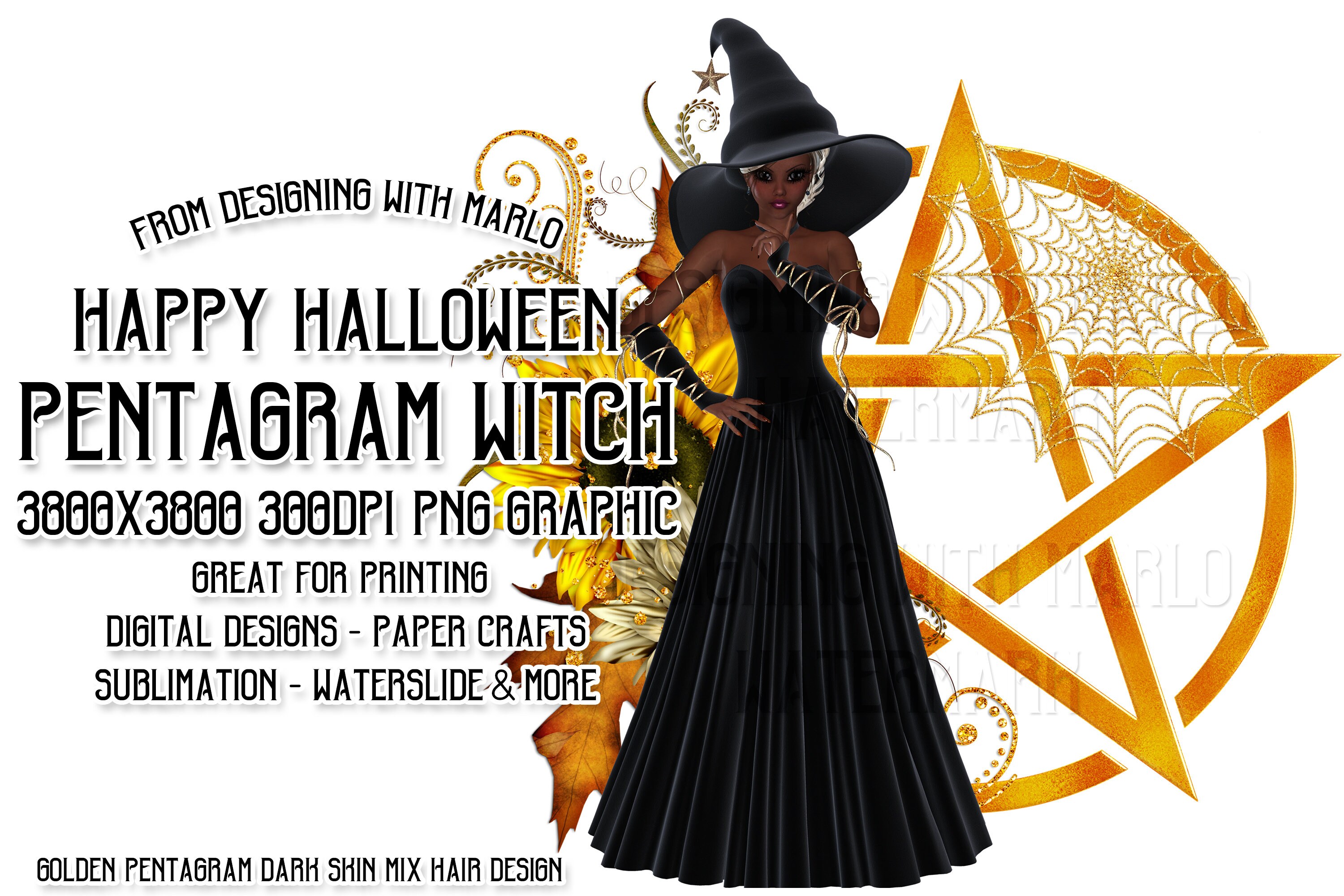 Golden Pentagram Witch PNG Graphic, African American Witch, Dark Skin ...