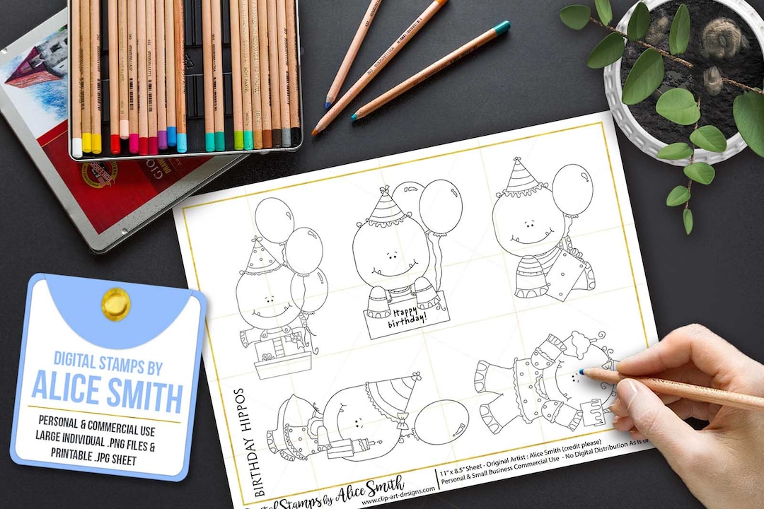 Birthday Hippo - Digital Stamps - Etsy
