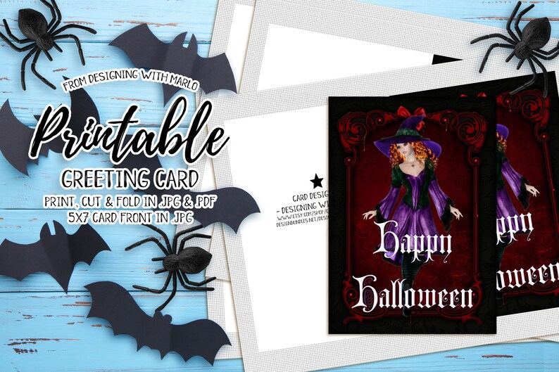 Pretty Purple Witch Printable Happy Halloween Greeting Card - Etsy