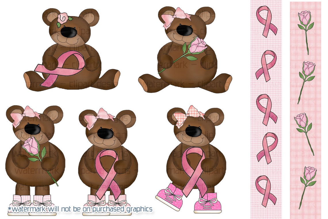 Breast Cancer Bears Clipart From Whimsical Inklings - Etsy