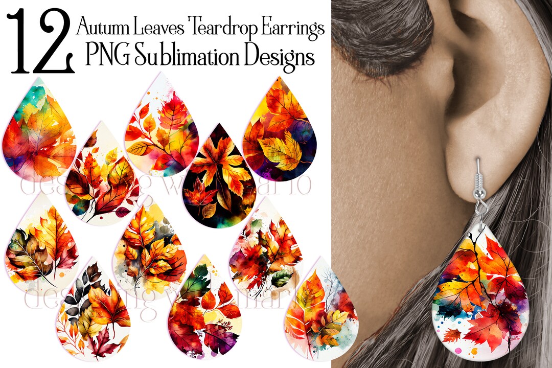 Autumn Leaves Teardrop Earring .PNG Sublimation Designs, Autumn ...
