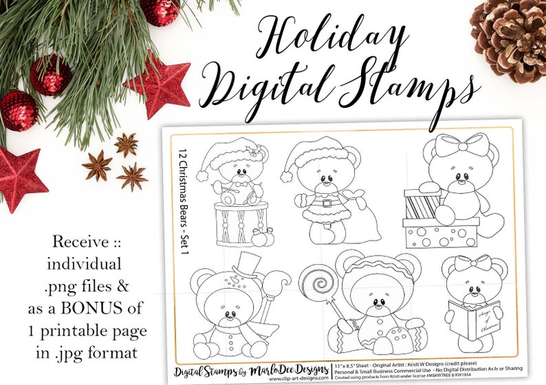12 Bears of Christmas Digital Stamps Set 1 Christmas Line Art Holiday ...