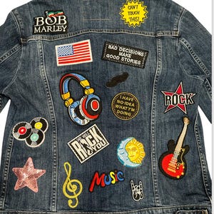 Patched Jean Jacket rock and Roll Theme - Etsy
