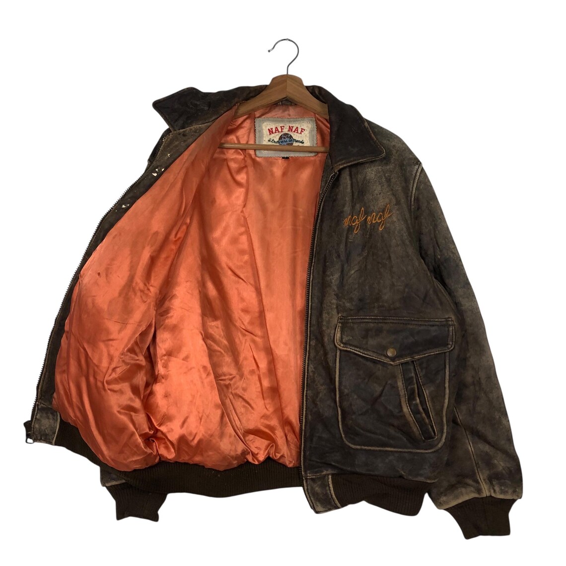 Vintage Flight Jumper Leather Jacket Naf Naf Big Logo - Etsy