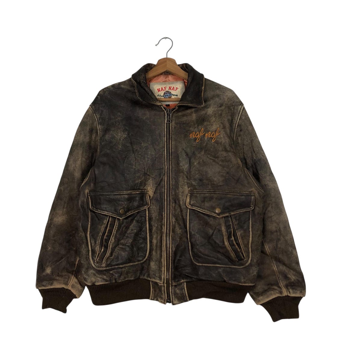 Vintage Flight Jumper Leather Jacket Naf Naf Big Logo - Etsy