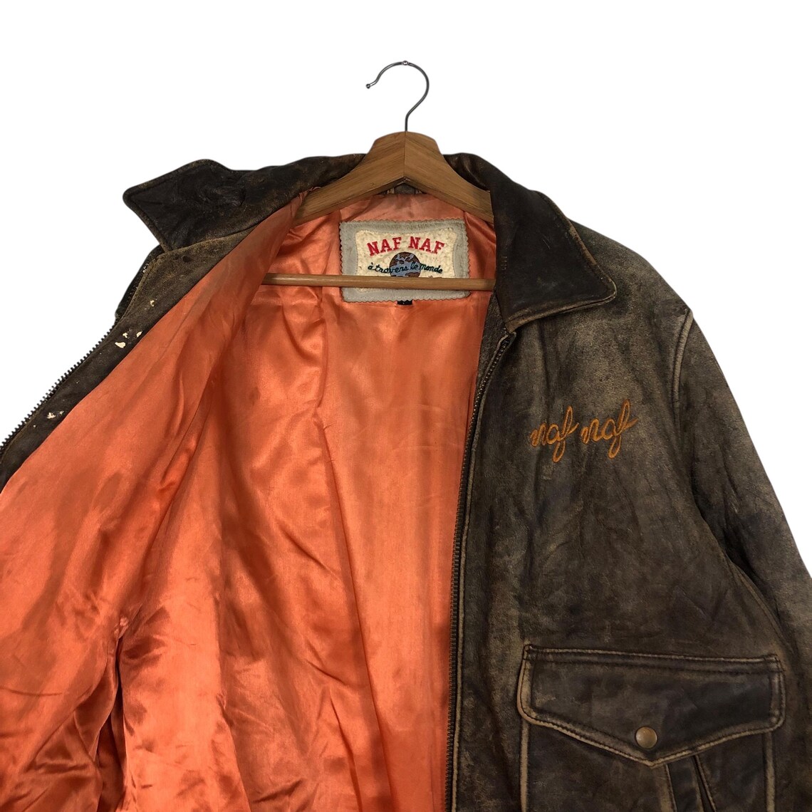 Vintage Flight Jumper Leather Jacket Naf Naf Big Logo - Etsy