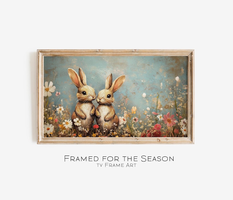 Frame TV Easter TV Art, Vintage Bunnies With Wildflowers Image, Digital ...