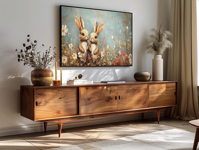 Frame TV Easter TV Art, Vintage Bunnies With Wildflowers Image, Digital ...