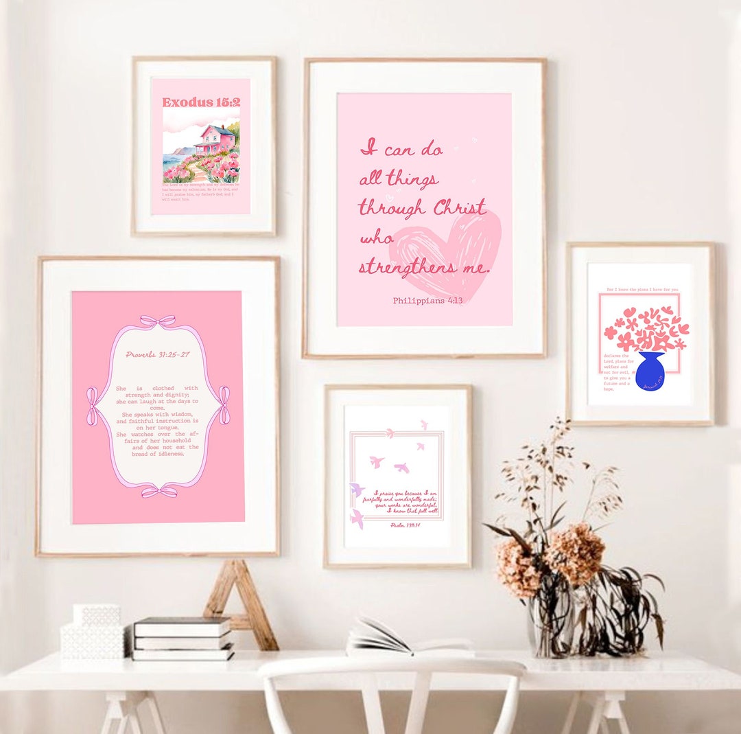 Christian Wall Art Bundle in Pink (set of 6) Gallery Wall Set Vintage ...